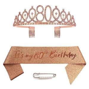 ceqiny 80th birthday sash tiara and crowns for girls, birthday queen rose gold tiara, princess tiara rhinestone headbands with combs bridal wedding tiaras for wedding prom bridal party christmas