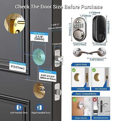 Veise Keyless Entry Door Lock with 2 Lever Handles - Electronic Keypad Deadbolt, Auto Lock, Back Lit & Easy Installation Design, Front Door Handle Sets, Satin Nickel