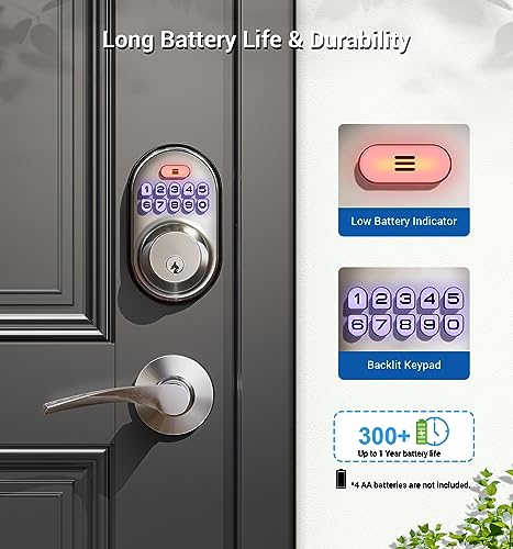 Veise Keyless Entry Door Lock with 2 Lever Handles - Electronic Keypad Deadbolt, Auto Lock, Back Lit & Easy Installation Design, Front Door Handle Sets, Satin Nickel