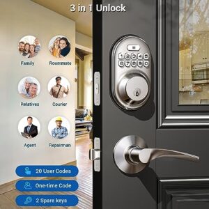 Veise Keyless Entry Door Lock with 2 Lever Handles - Electronic Keypad Deadbolt, Auto Lock, Back Lit & Easy Installation Design, Front Door Handle Sets, Satin Nickel