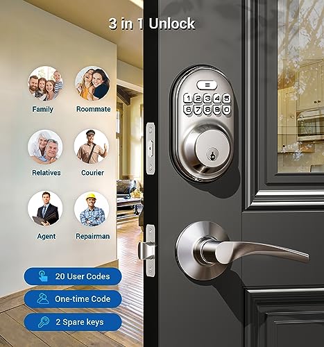 Veise Keyless Entry Door Lock with 2 Lever Handles - Electronic Keypad Deadbolt, Auto Lock, Back Lit & Easy Installation Design, Front Door Handle Sets, Satin Nickel