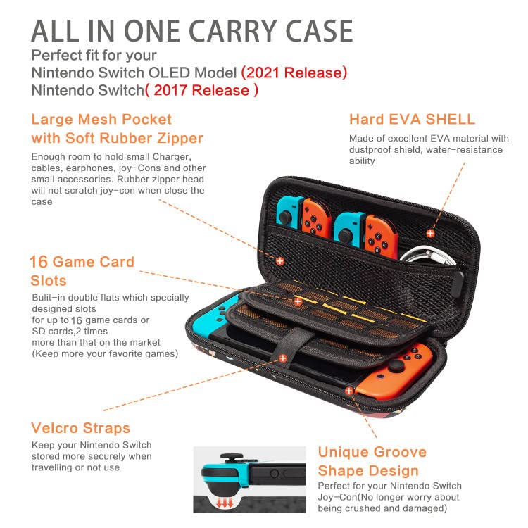 Nintendo Switch Case OLED Model 2021, CutebriCase Carry Case for Nintendo Switch for Boy Girls-Travel Storage Hard Shell Cover with 16 Game Card Slot for Switch Console Joy-Con & Accessories,Bookshelf Cat