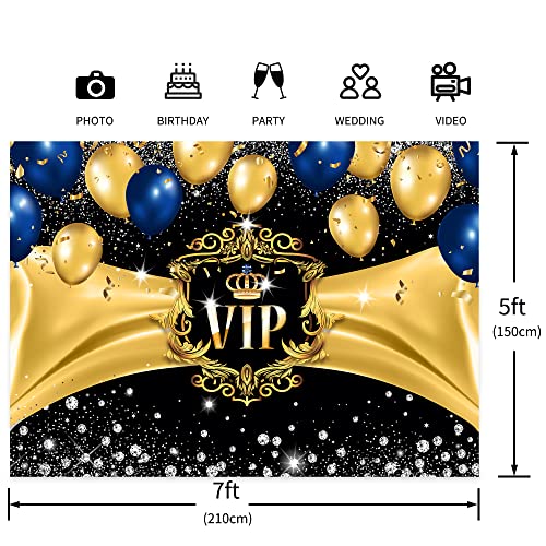 LIGHTINHOME VIP Party Backdrop 7Wx5H Feet Royal Blue Gold Balloons Gloden Crown Black Shiny Birthday Backdrop for Women Men Luxury Unisex Photography Background Banner Polyester Photo Shoot Decor Prop