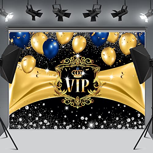 LIGHTINHOME VIP Party Backdrop 7Wx5H Feet Royal Blue Gold Balloons Gloden Crown Black Shiny Birthday Backdrop for Women Men Luxury Unisex Photography Background Banner Polyester Photo Shoot Decor Prop