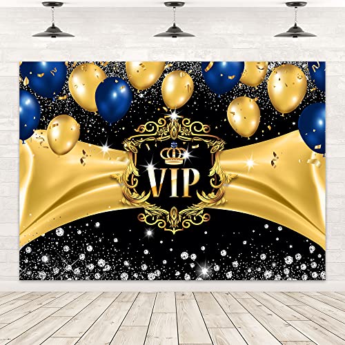 LIGHTINHOME VIP Party Backdrop 7Wx5H Feet Royal Blue Gold Balloons Gloden Crown Black Shiny Birthday Backdrop for Women Men Luxury Unisex Photography Background Banner Polyester Photo Shoot Decor Prop