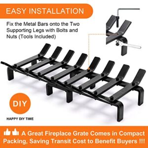 WILLOW WEAVE 20" Fireplace Grate Wood Stove Grate Rack Stove Burning Rack Heavy Duty Solid Steel 8-Bars Firewood Holder Easy Assembly Fire Grate for Indoor Hearth Outdoor Firepit Matt Black