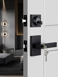 goldenwarm keyed alike black door handle with deadbolt, square contemporary matte black exterior door lock set with deadbolt, heavy duty zinc-alloyed front entry door locksets with deadbolt(1 pack)