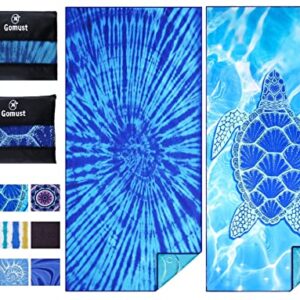 2 Pack Lightweight Thin Beach Towel Oversized 71"x32" Big Extra Large Microfiber Sand Free Towels for Adult Quick Dry Travel Camping Beach Accessories Vacation Essential Gift Blue Tie Dye Turtle