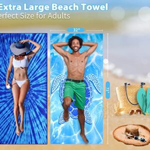 2 Pack Lightweight Thin Beach Towel Oversized 71"x32" Big Extra Large Microfiber Sand Free Towels for Adult Quick Dry Travel Camping Beach Accessories Vacation Essential Gift Blue Tie Dye Turtle