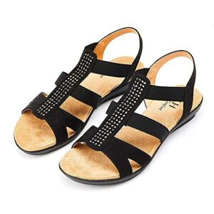 VJH confort Women's Flat Sandals with Rhinestone Open Toe Elastic Slip On Slingback Comfort Casual Walking Sandals(Black 5)