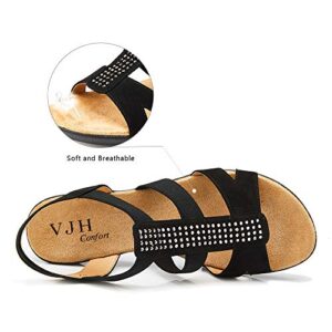 VJH confort Women's Flat Sandals with Rhinestone Open Toe Elastic Slip On Slingback Comfort Casual Walking Sandals(Black 5)