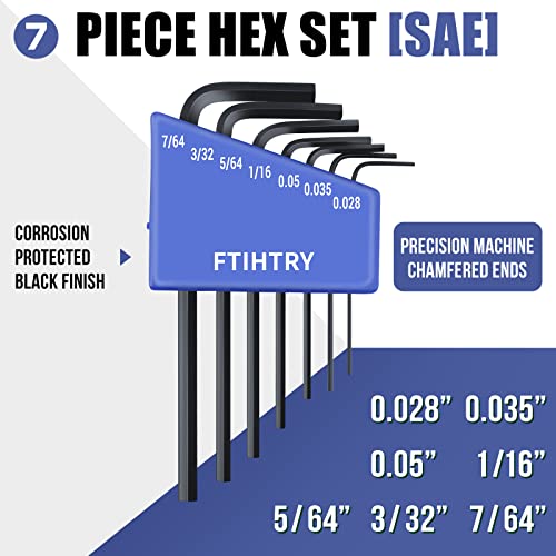 FTIHTRY 7pcs SAE Mini Hex-L Key Allen wrench, Small Allen wrench 0.028, 0.035, 0.05, 1/16", 5/64", 3/32", 7/64", Cr-V Steel