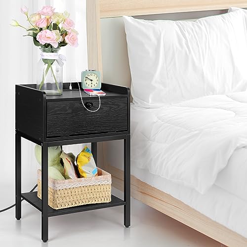 Vrisa End Table with Charging Station Night Stand with Flip Drawer Storage Black BedsideTable with USB Ports & Outlets, 3-Tier Nightstand Side Table for Bedroom, Living Room, Small Space