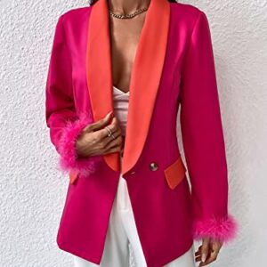 WDIRARA Women's Colorblock Fuzzy Trim Shawl Collar Double Button Work Office Jacket Blazer Pink and Orange S