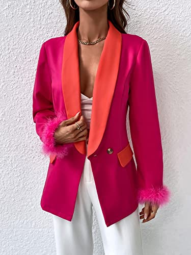 WDIRARA Women's Colorblock Fuzzy Trim Shawl Collar Double Button Work Office Jacket Blazer Pink and Orange S