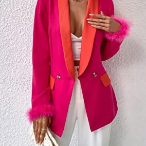 WDIRARA Women's Colorblock Fuzzy Trim Shawl Collar Double Button Work Office Jacket Blazer Pink and Orange S