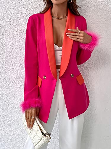 WDIRARA Women's Colorblock Fuzzy Trim Shawl Collar Double Button Work Office Jacket Blazer Pink and Orange S