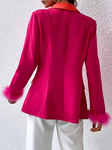 WDIRARA Women's Colorblock Fuzzy Trim Shawl Collar Double Button Work Office Jacket Blazer Pink and Orange S