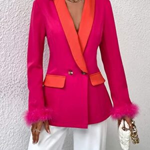 WDIRARA Women's Colorblock Fuzzy Trim Shawl Collar Double Button Work Office Jacket Blazer Pink and Orange S