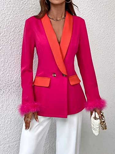 WDIRARA Women's Colorblock Fuzzy Trim Shawl Collar Double Button Work Office Jacket Blazer Pink and Orange S