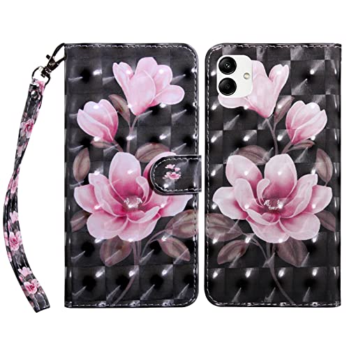 OOPKINS Compatible with Samsung Galaxy A04 Case,3D Effect Painted PU Leather Wallet Case with Wrist Strap Card Slots Shockproof Cover for Samsung Galaxy A04 Pink Flower Black BX