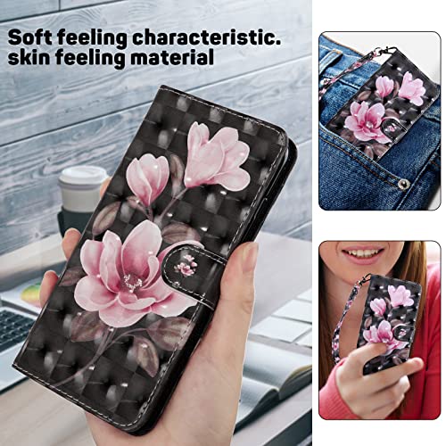 OOPKINS Compatible with Samsung Galaxy A04 Case,3D Effect Painted PU Leather Wallet Case with Wrist Strap Card Slots Shockproof Cover for Samsung Galaxy A04 Pink Flower Black BX