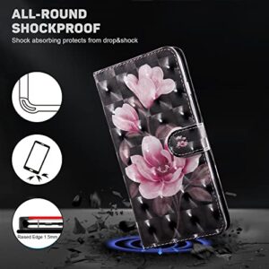 OOPKINS Compatible with Samsung Galaxy A04 Case,3D Effect Painted PU Leather Wallet Case with Wrist Strap Card Slots Shockproof Cover for Samsung Galaxy A04 Pink Flower Black BX