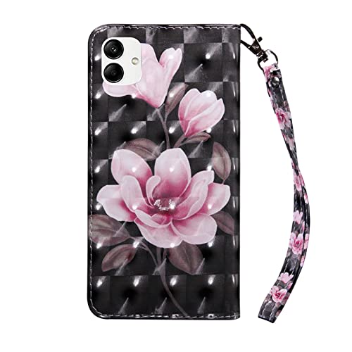 OOPKINS Compatible with Samsung Galaxy A04 Case,3D Effect Painted PU Leather Wallet Case with Wrist Strap Card Slots Shockproof Cover for Samsung Galaxy A04 Pink Flower Black BX