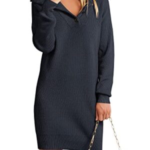 ANRABESS 2023 Fall Long Sleeve Womens Sweater Dress Oversized Lapel Collar Button V Neck Ribbed Loose Fit Casual Trendy Pullover Short Mini Fashion Dresses B782zanglan-L Navy Blue