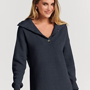 ANRABESS 2023 Fall Long Sleeve Womens Sweater Dress Oversized Lapel Collar Button V Neck Ribbed Loose Fit Casual Trendy Pullover Short Mini Fashion Dresses B782zanglan-L Navy Blue