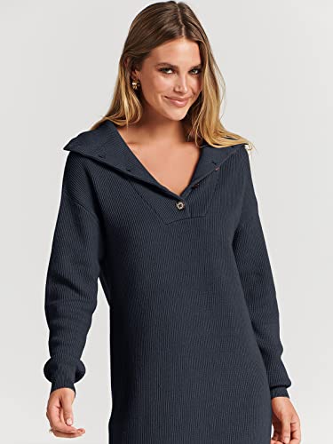 ANRABESS 2023 Fall Long Sleeve Womens Sweater Dress Oversized Lapel Collar Button V Neck Ribbed Loose Fit Casual Trendy Pullover Short Mini Fashion Dresses B782zanglan-L Navy Blue