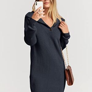 ANRABESS 2023 Fall Long Sleeve Womens Sweater Dress Oversized Lapel Collar Button V Neck Ribbed Loose Fit Casual Trendy Pullover Short Mini Fashion Dresses B782zanglan-L Navy Blue