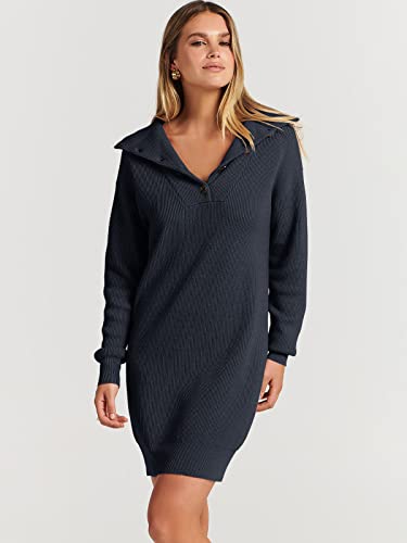 ANRABESS 2023 Fall Long Sleeve Womens Sweater Dress Oversized Lapel Collar Button V Neck Ribbed Loose Fit Casual Trendy Pullover Short Mini Fashion Dresses B782zanglan-L Navy Blue