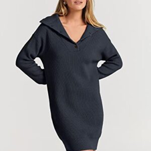 ANRABESS 2023 Fall Long Sleeve Womens Sweater Dress Oversized Lapel Collar Button V Neck Ribbed Loose Fit Casual Trendy Pullover Short Mini Fashion Dresses B782zanglan-L Navy Blue