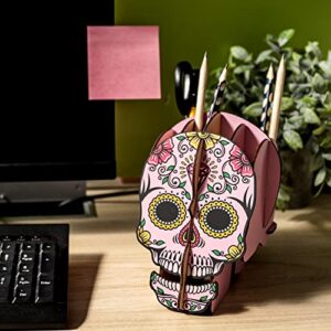 Sugar Skull Pen Pencil Holder, Large Wooden Pen Organizer for Desk with 8 Compartments, Unique Desk Organizer for Office Supplies Makeup Brush Skull Gifts for Women, Skull Desk Accessories (Pink)