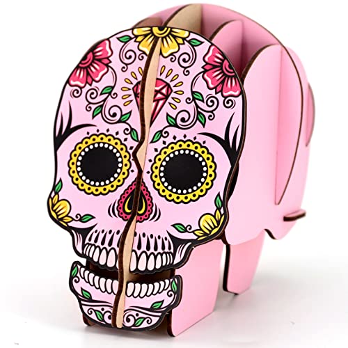 Sugar Skull Pen Pencil Holder, Large Wooden Pen Organizer for Desk with 8 Compartments, Unique Desk Organizer for Office Supplies Makeup Brush Skull Gifts for Women, Skull Desk Accessories (Pink)