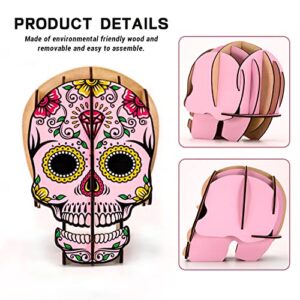 Sugar Skull Pen Pencil Holder, Large Wooden Pen Organizer for Desk with 8 Compartments, Unique Desk Organizer for Office Supplies Makeup Brush Skull Gifts for Women, Skull Desk Accessories (Pink)