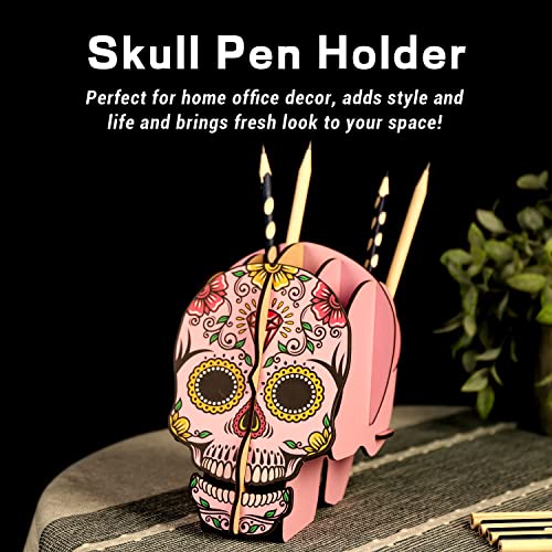 Sugar Skull Pen Pencil Holder, Large Wooden Pen Organizer for Desk with 8 Compartments, Unique Desk Organizer for Office Supplies Makeup Brush Skull Gifts for Women, Skull Desk Accessories (Pink)