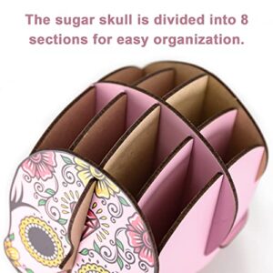 Sugar Skull Pen Pencil Holder, Large Wooden Pen Organizer for Desk with 8 Compartments, Unique Desk Organizer for Office Supplies Makeup Brush Skull Gifts for Women, Skull Desk Accessories (Pink)