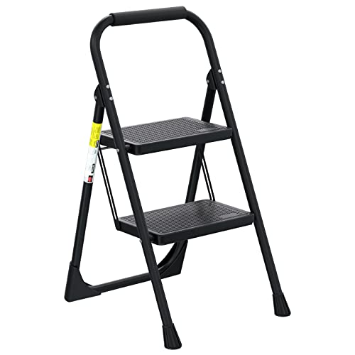 Step Ladder BAVIKUNP 2 Step Ladder Folding 2 Step Stools for Adults with Anti-Slip Pedal, Portable Sturdy Steel Ladder with Handrails, Perfect for Kitchen & Household, 500 lbs Capacity, Matte Black