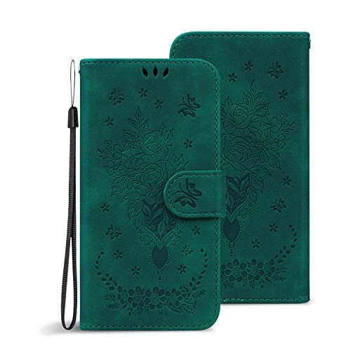 ONV Flip Case for Oppo Reno 6 Pro 5G - Rose Butterfly Embossed Phone Case with Card Holder Lanyard Stand Case Leather Magnetic Wallet Cover for Oppo Reno 6 Pro 5G [XT] -Green