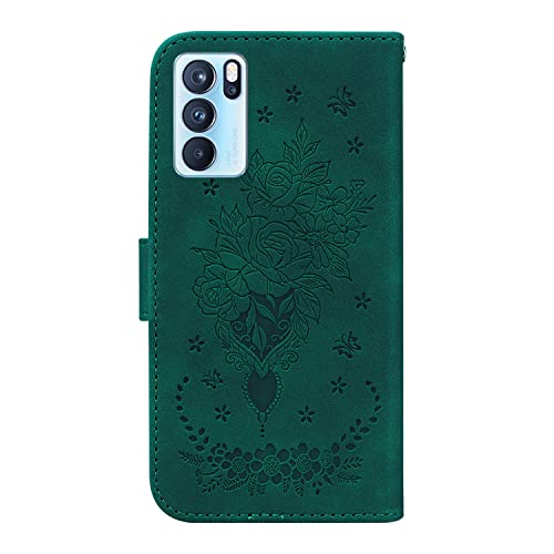 ONV Flip Case for Oppo Reno 6 Pro 5G - Rose Butterfly Embossed Phone Case with Card Holder Lanyard Stand Case Leather Magnetic Wallet Cover for Oppo Reno 6 Pro 5G [XT] -Green