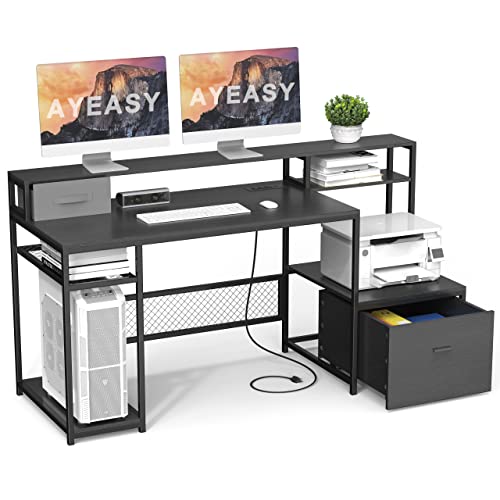 AYEASY Home Office Desk with Monitor Stand Shelf, 66 inch Large Computer Desk with Power Outlet and USB Charging Port, Computer Table with Storage Shelves and Drawer, Study Work Desk, Black