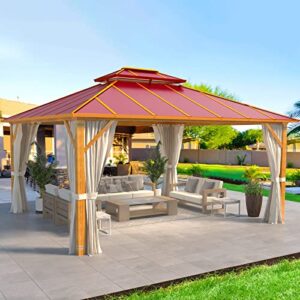 MELLCOM 12' x 14' Hardtop Gazebo, Wooden Finish Coated Aluminum Frame Outdoor Gazebo with Aluminum Double Roof, Claret Metal Gazebo with Curtains and Nettings for Patios, Gardens, Lawns