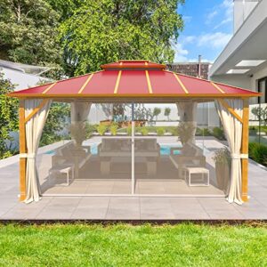 MELLCOM 12' x 14' Hardtop Gazebo, Wooden Finish Coated Aluminum Frame Outdoor Gazebo with Aluminum Double Roof, Claret Metal Gazebo with Curtains and Nettings for Patios, Gardens, Lawns