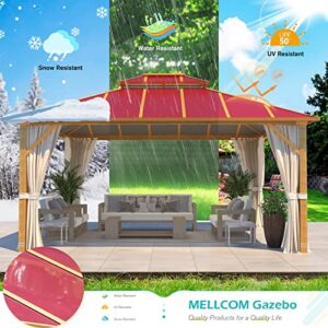 MELLCOM 12' x 14' Hardtop Gazebo, Wooden Finish Coated Aluminum Frame Outdoor Gazebo with Aluminum Double Roof, Claret Metal Gazebo with Curtains and Nettings for Patios, Gardens, Lawns