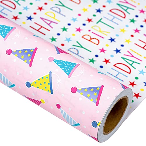 MAYPLUSS Birthday Reversible Wrapping Paper Jumbo Roll for Girls - 30 Inches x 100 Feet - Colorful Hat/Birthday Text