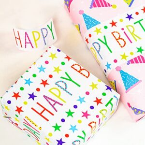 MAYPLUSS Birthday Reversible Wrapping Paper Jumbo Roll for Girls - 30 Inches x 100 Feet - Colorful Hat/Birthday Text