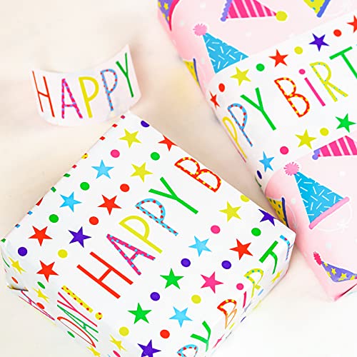 MAYPLUSS Birthday Reversible Wrapping Paper Jumbo Roll for Girls - 30 Inches x 100 Feet - Colorful Hat/Birthday Text