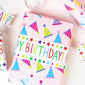 MAYPLUSS Birthday Reversible Wrapping Paper Jumbo Roll for Girls - 30 Inches x 100 Feet - Colorful Hat/Birthday Text